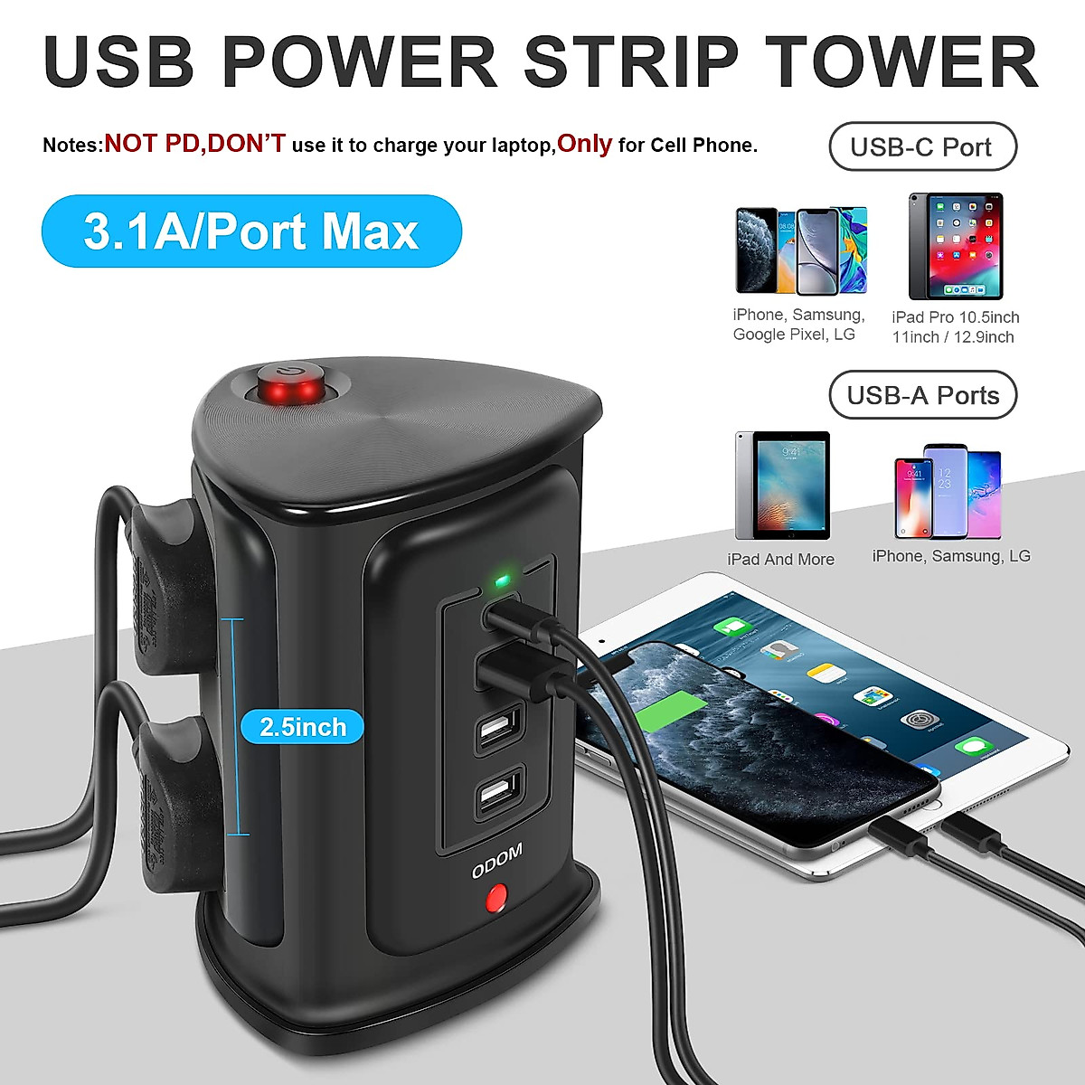 ODOM Power Strip Tower , 6 Outlets 4 USB Ports (1 USB C ), 6 feet Extension Cord , 1250J Surge ...