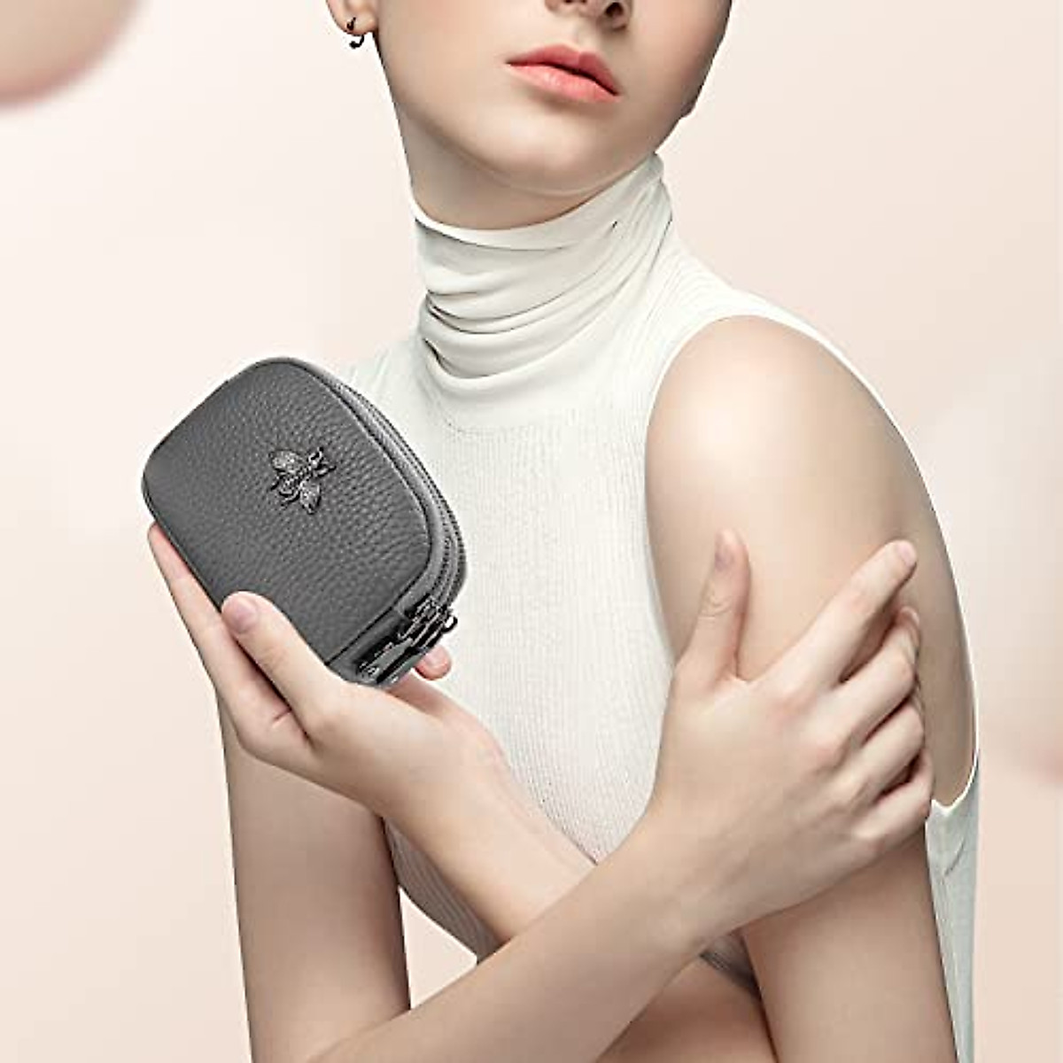 imeetu Women Leather Coin Purse, Small 2 Zippered Change Pouch Wallet(Grey)