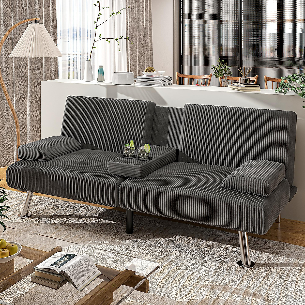 YESHOMY Futon Sofa Bed Corduroy Folding Couch with Removable Armrests, Metal Legs, 2 Cup Holders for Living Room, Grey