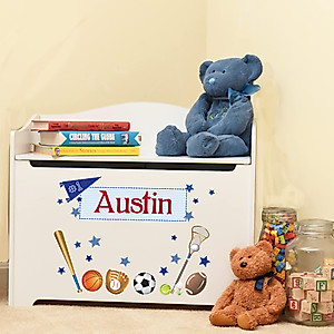 My Bambino Personalized Toy Box Bench Woodland Forest Animals White Wooden Toy Bin with lid - Chest for Toys Storage and added Nursery Playroom Bedroom Decor Seat Organizer