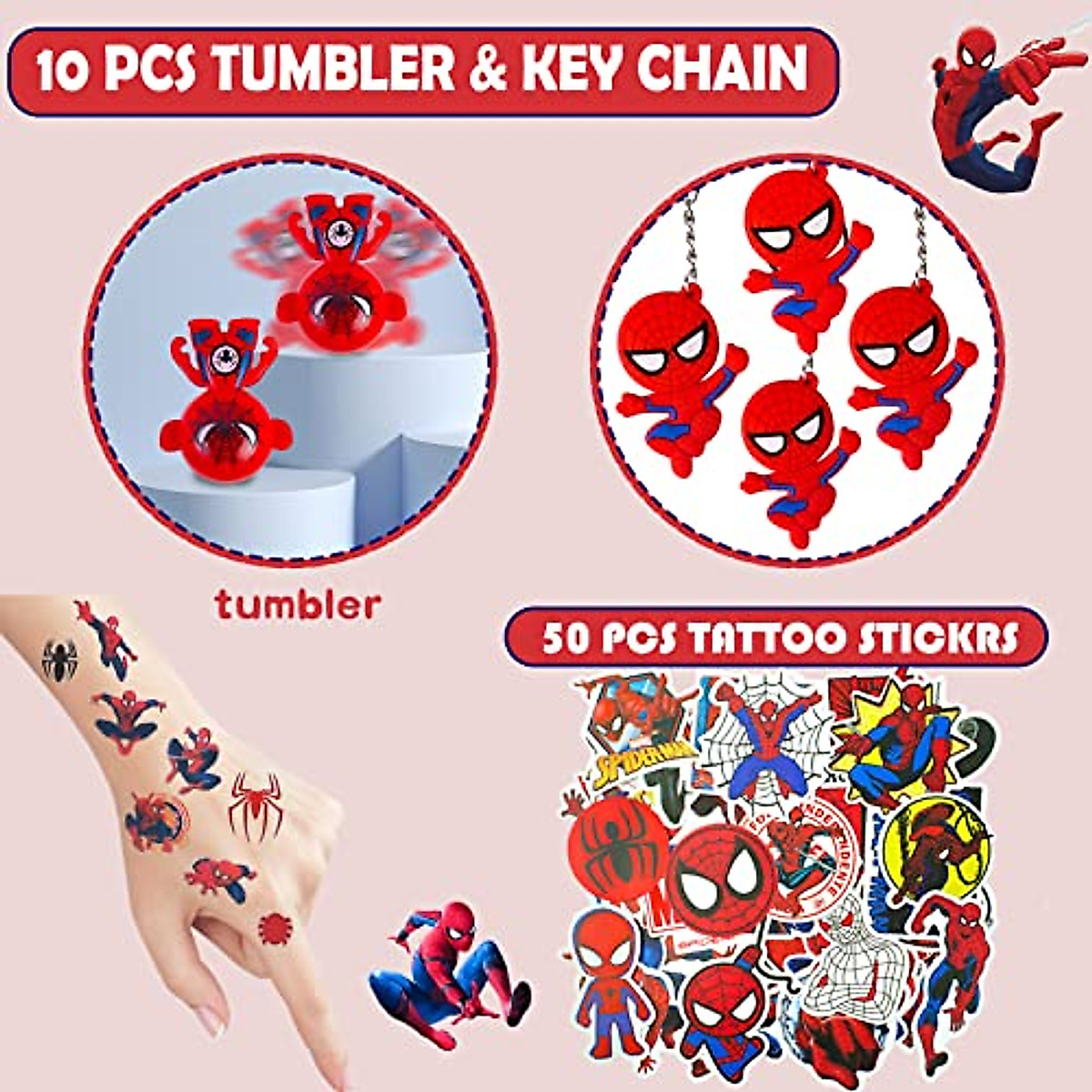 Spider Birthday Party Favors for Kids - 120 Pcs Bubble Wands, Finger Lights, Tumblers, Keychains, Goodie Bags, Wristbands, Stickers, Button Badges Christmas Hero Supplies for Boys Girls Gifts