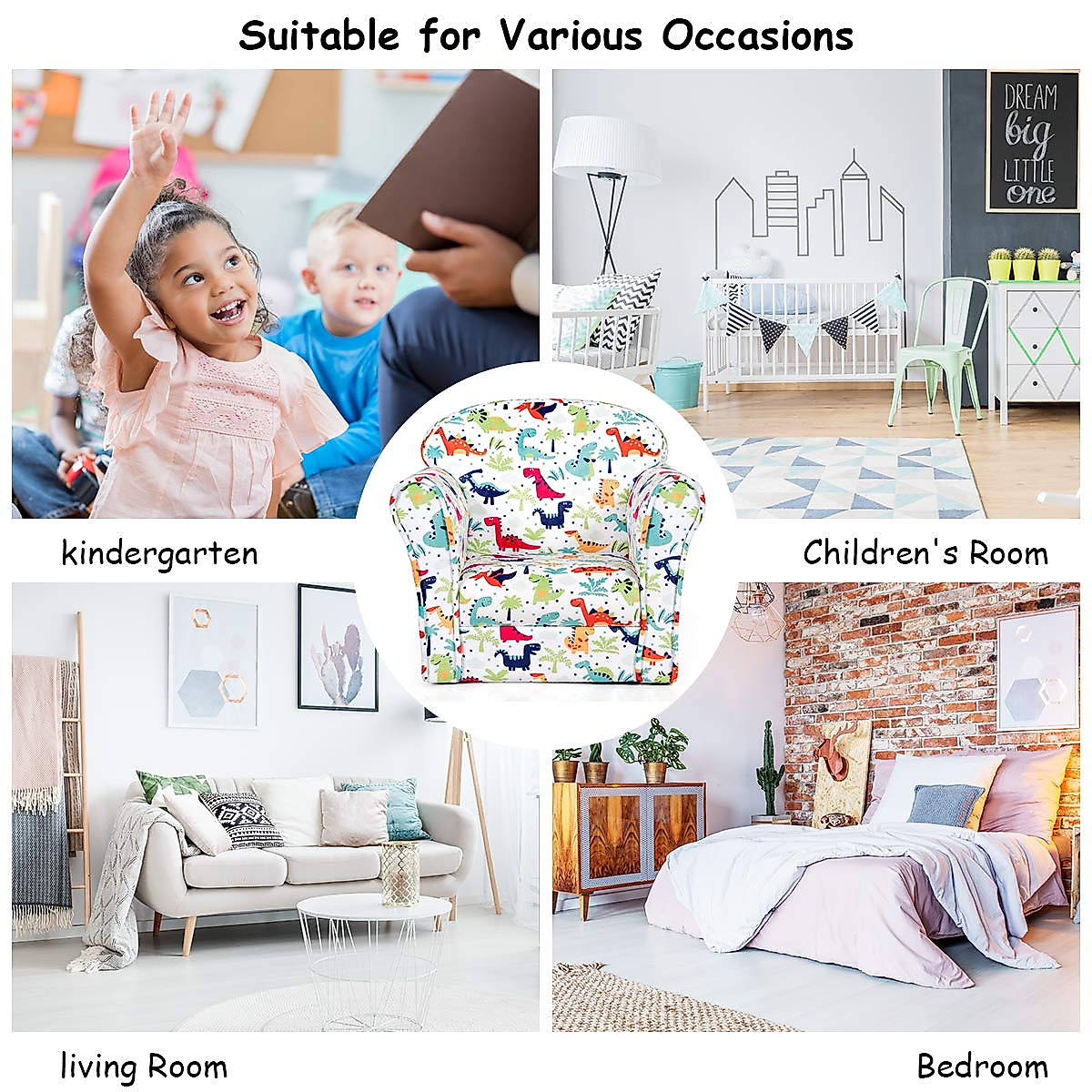 Costzon Kids Couch, Children's Sofa Armrest Chair with Pattern, Toddler Furniture w/Sturdy Wood Construction, Preschool, Lightweight Children Couch Sofa Chair for Aged 1-5 Boys & Girls Gifts, Dinosaur