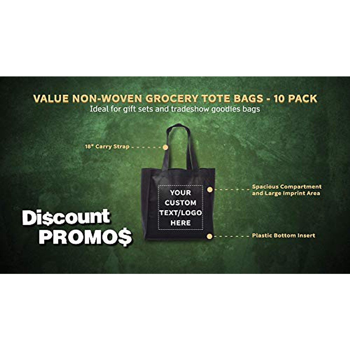 DISCOUNT PROMOS Custom Reusable Cloth Grocery Shopping Tote Bags - 10 Pack - Personalized Logo, Text - Foldable, Washable, Shopper Bag - Black