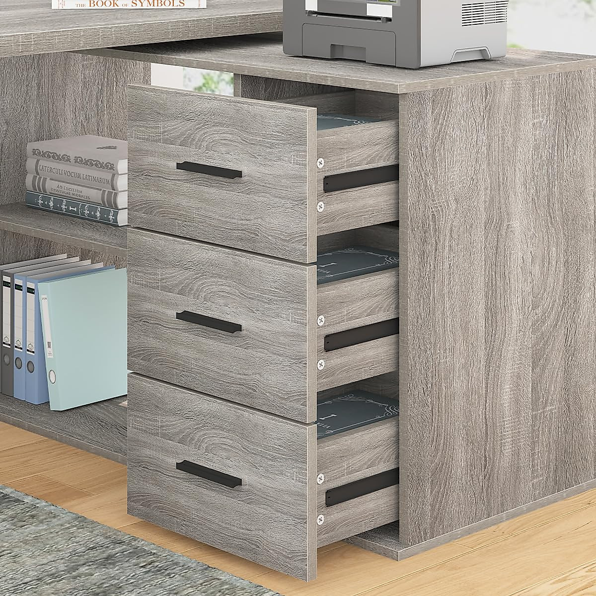 HSH 360° Rotating L Shaped Computer Desk with 3 Drawers and 2 Shelves, Home Office Swivel Desk for Work Writing Study Gaming, Reversible Wood Corner Desk with Storage Cabinet, Light Grey Oak, 55 Inch