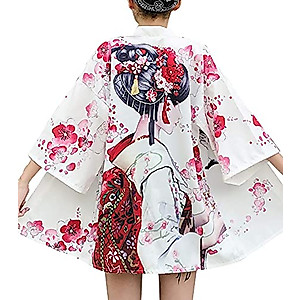 LAI MENG FIVE CATS Women's Floral Print Puff Sleeve Loose Blouse Japanese Kimono Cover up Casual Cute Tops