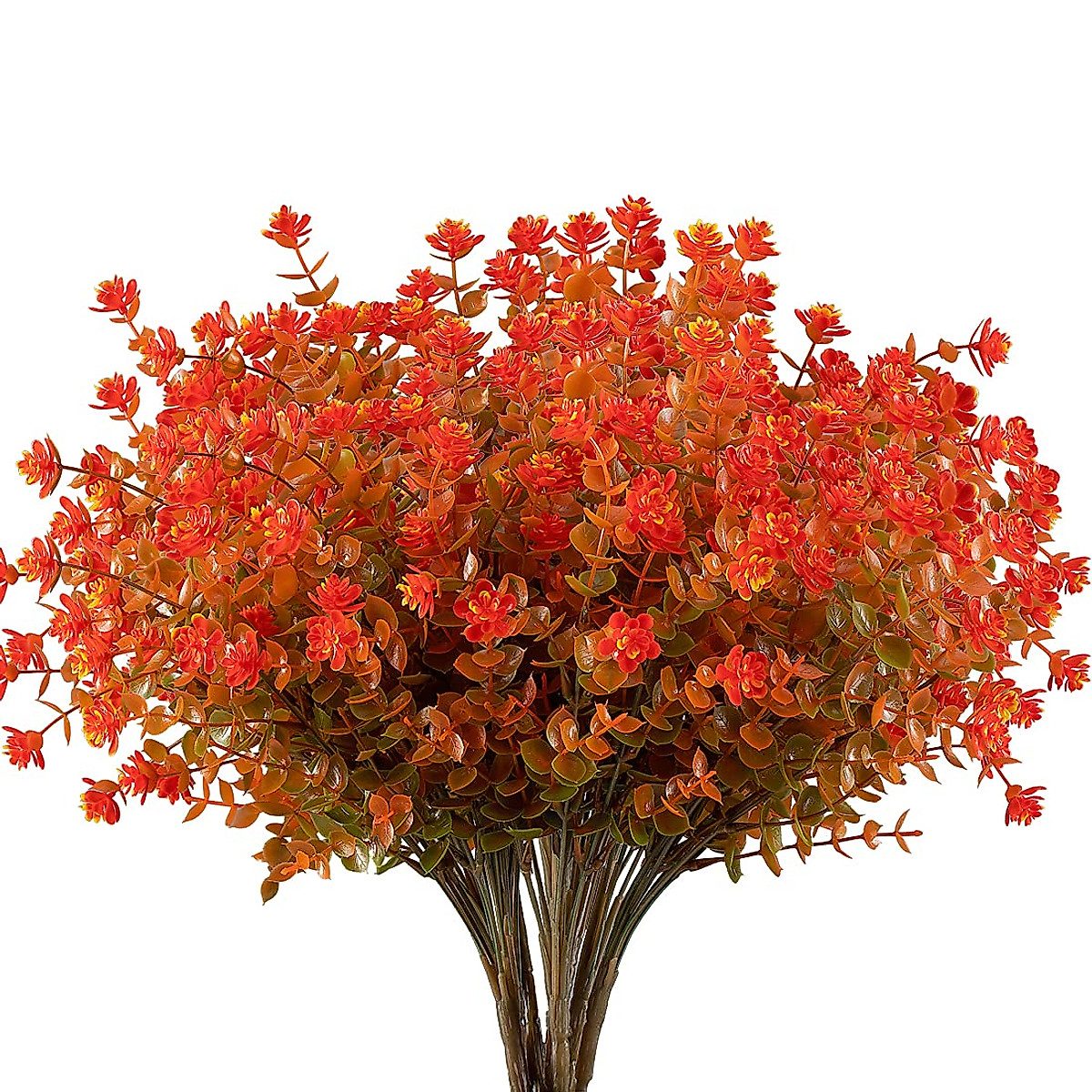 URSTOUD 6PCS Artificial Eucalyptus Plants,Fake Boxwood Shrubs UV Resistant No Fade Faux Plastic Bridal Bouquet Indoor Outdoor Home Garden Kitchen Office Table Vase(Fall Orange), Brown Orange