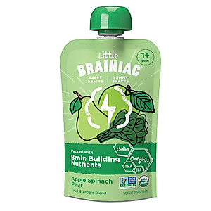 Little Brainiac Organic Fruit & Veggie Toddler Pouches, Apple, Spinach, Pear Puree with Omega-3s DHA/EPA and Choline, Clean Label, BPA-Free, Non-GMO, 3.5 oz, Pack of 12