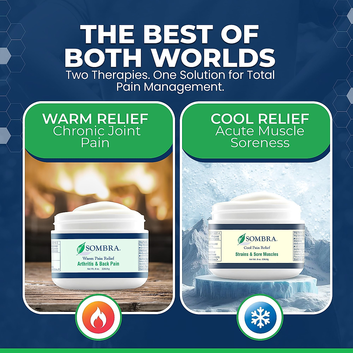 Sombra Warm & Cool Pain Relief Gel, Warm Relief for Arthritis and Chronic Pain Pre-Workout Muscle Rub, Cold for Swelling, Soreness, Post-Workout, Free of Artificial Fragrances, 8oz Per Jar