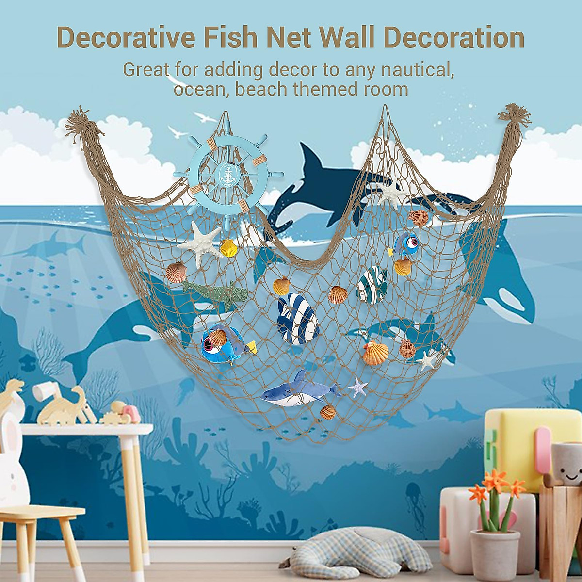 80x40 Inch Decorative Fishing Net w/Shells & Clips, 3mm Thickness Brown Natural Cotton Large Photo Hanging Fishnet, Wall Party Decorations for Nautical Pirate Hawaii Underwater Mermaid Themed Party