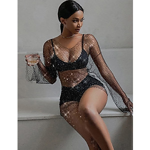 Lrady Women's Rhinestone Mesh Sheer Fishnet Long Sleeve V Neck Mini Dresses Sexy Bikini Beach Cover Up Clubwear, Black & White, Large