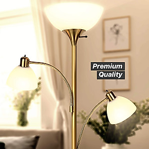 Brightech Sky Dome Double LED Floor lamp, Torchiere Super Bright Floor Lamp with 2 Reading Lamps for Living Rooms & Offices - Dimmable Tall Standing Lamp for Bedroom Reading - Tall Brass Pole