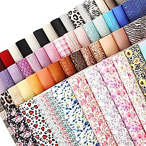 LOTOFUN 30 Pieces Random Colors Faux Leather Sheets 8X 6Inch Multiple Styles Mixed Glitter Grain Texture Embossed Leopard Pattern Printed Colored Leather for Earrings Making Hair Bow and Crafts DIY