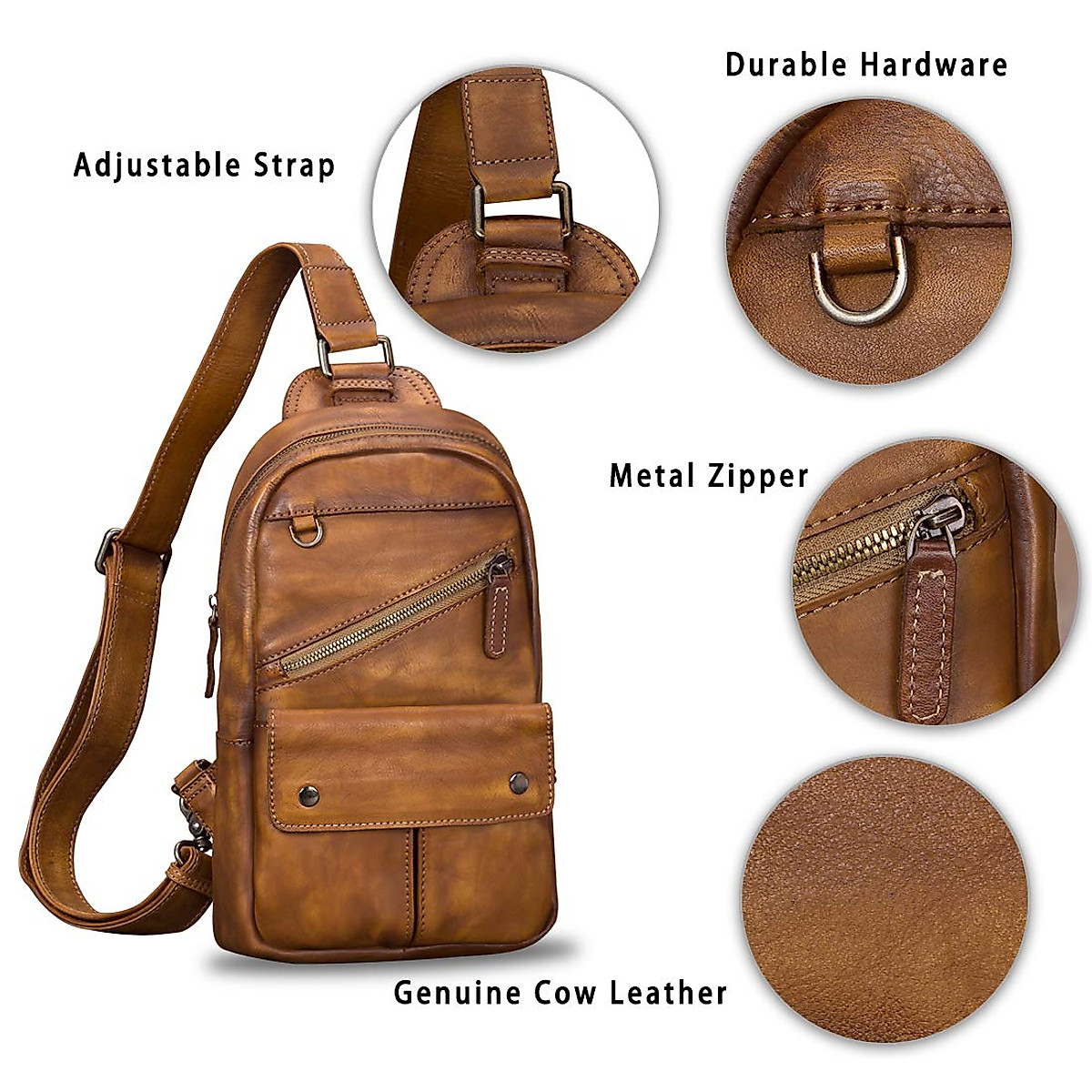 Genuine Leather Sling Bag for Men Vintage Handmade Crossbody Daypack Retro Hiking Backpack Chest Bag Casual Shoulder Bag Sling Purse (Brown)