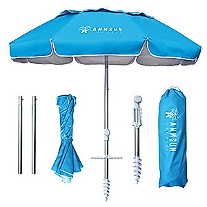 AMMSUN 6ft Folded PortableTravel Beach Umbrella with Sand Anchor, Tilt and Air vent UPF 50+UV Protection fit in suitcase Portable Compact Foldable beach umbrella for Patio Garden Beach Pool Backyard Sky blue