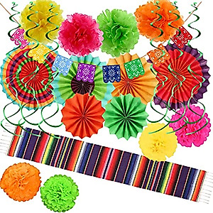 22pcs Fiesta Party Decorations,Encanto Mexican Party Decorations with Fiesta Paper Fans Wheel,Pom Poms Flowers, Serape Table Runners for Cinco De Mayo Decorations Supplies,Birthday,Dia De Los Muertos