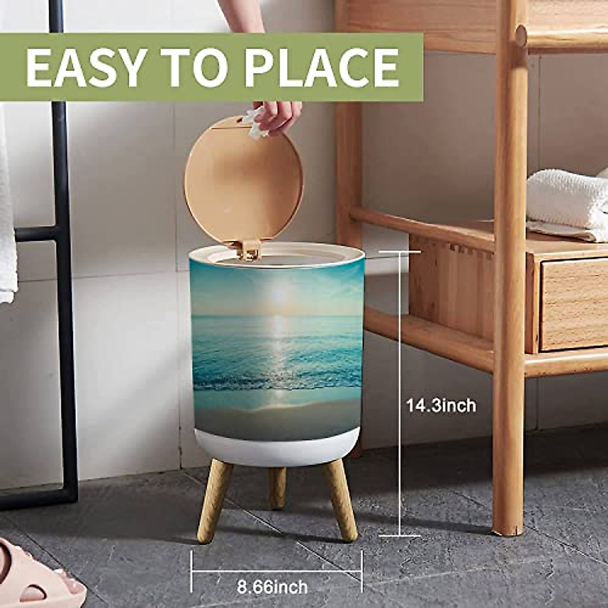 IBPNKFAZ89 Small Trash Can with Lid Beautiful Silhouette Sunset at Tropical sea Garbage Bin Wood Waste Bin Press Cover Round Wastebasket for Bathroom Bedroom Kitchen 7L/1.8 Gallon