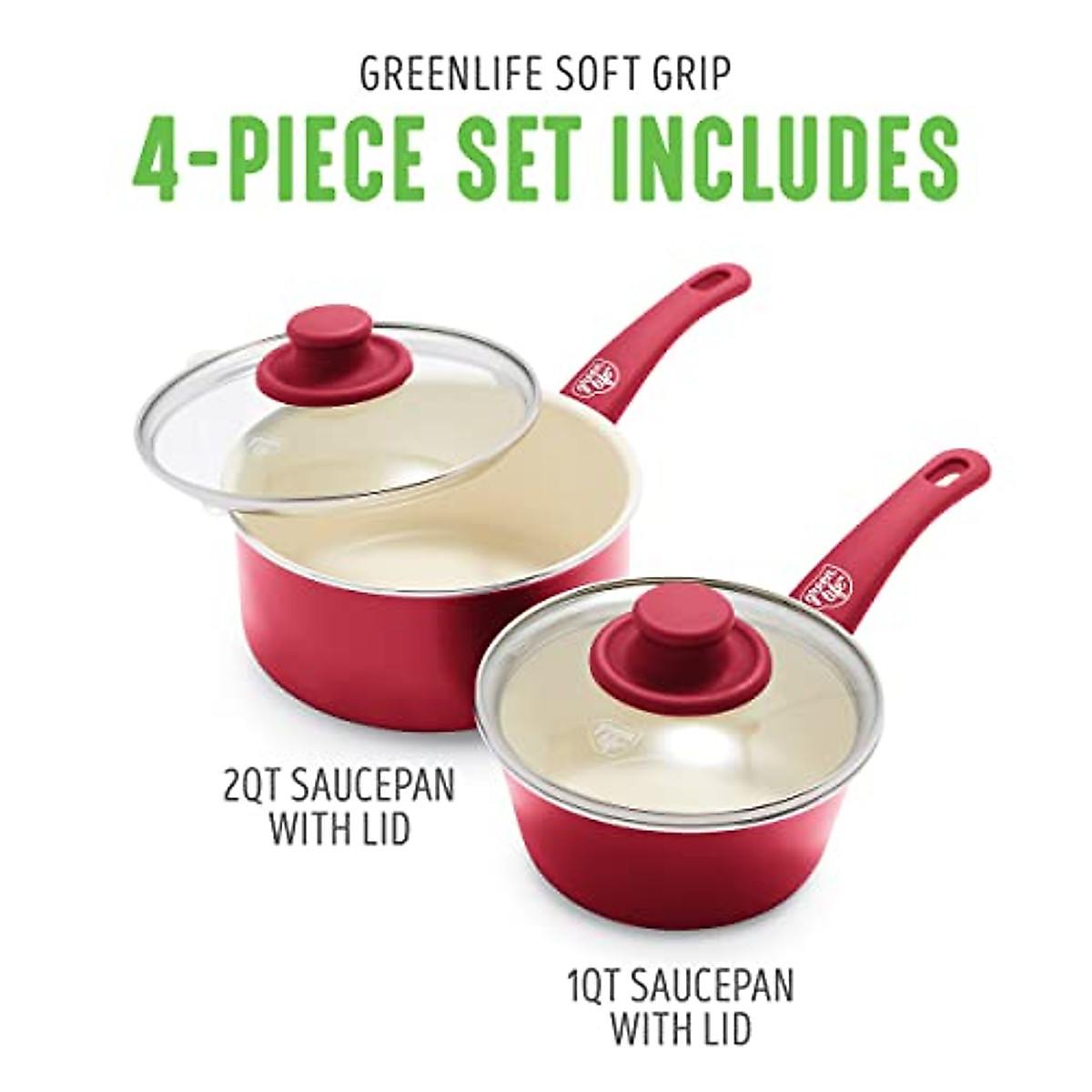GreenLife Soft Grip Healthy Ceramic Nonstick, 1QT and 2QT Saucepan Pot Set with Lids, PFAS-Free, Dishwasher Safe, Red