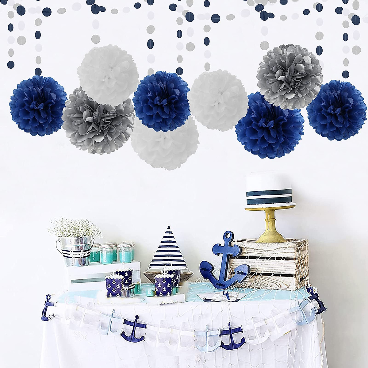 Tissue Paper Pom-Poms Party Decorations - 15pcs 5 Size Navy Blue White Silver Paper Flowers,Graduation Wedding Baby Bridal Shower Room Hanging Decorations Boy Birthday Party Backdrop Decor Panduola