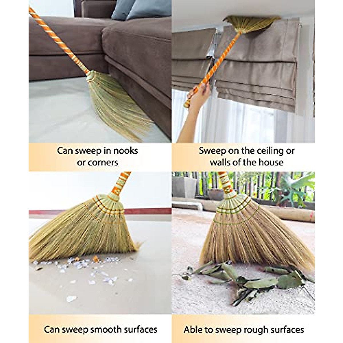 Asian Straw Broom Thai for Cleaning Floor,Housewarming Gift,Thai Vintage Retro Grass Broom Stick, Hardwood Sweeper with Brush Power and Circle Cleaning ( Length 40 inch )