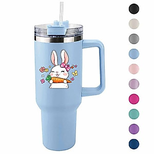 40 ounce insulated cup with handle, double-layer vacuum stainless steel material, equipped with straw, can keep warm or maintain cold drinks Easter Rabbit Carrot 1 wathet