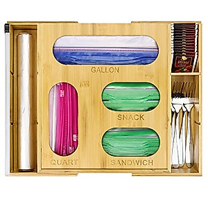 Ziplock Bag Organizer for Drawer,KitHero 2 in 1 Expandable Baggie Organizer with Cutter,Plastic Bag Organizer for Kitchen Compatible with Gallon, Quart, Sandwich & Snack Variety Size Bags(6-10 Slots)