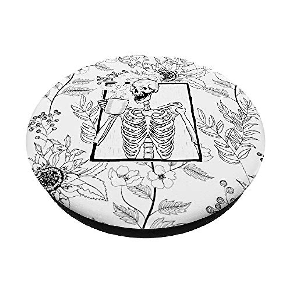 Black White Skeleton Sunflower Pattern Skull drinking Coffee PopSockets PopGrip: Swappable Grip for Phones & Tablets