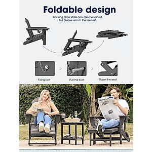 KINGYES Folding Adirondack Rocking Chair with Retractable Ottoman and Cup Holders, 4-in-1 Multifunctional HDPE Adirondack Chair for Porch, Patio, Balcony, Leaden Grey