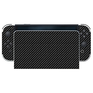PlayVital Full Set Protective Stickers for Nintendo Switch OLED Model, Customized Vinyl Decal Skins for Switch OLED Console & Joycon & Dock & Grip - Black Silver Carbon Fiber