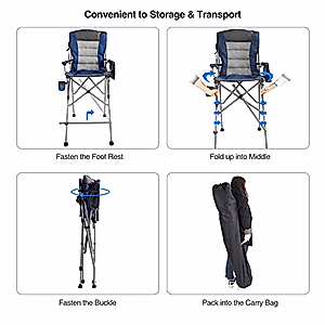 Stonehomy Padded 31" Bar Height Tall Folding Camping Chairs for Adults, Heavy Duty 330 lbs Directors Chair Foldable with Foot Rest and Cup Holder, Blue