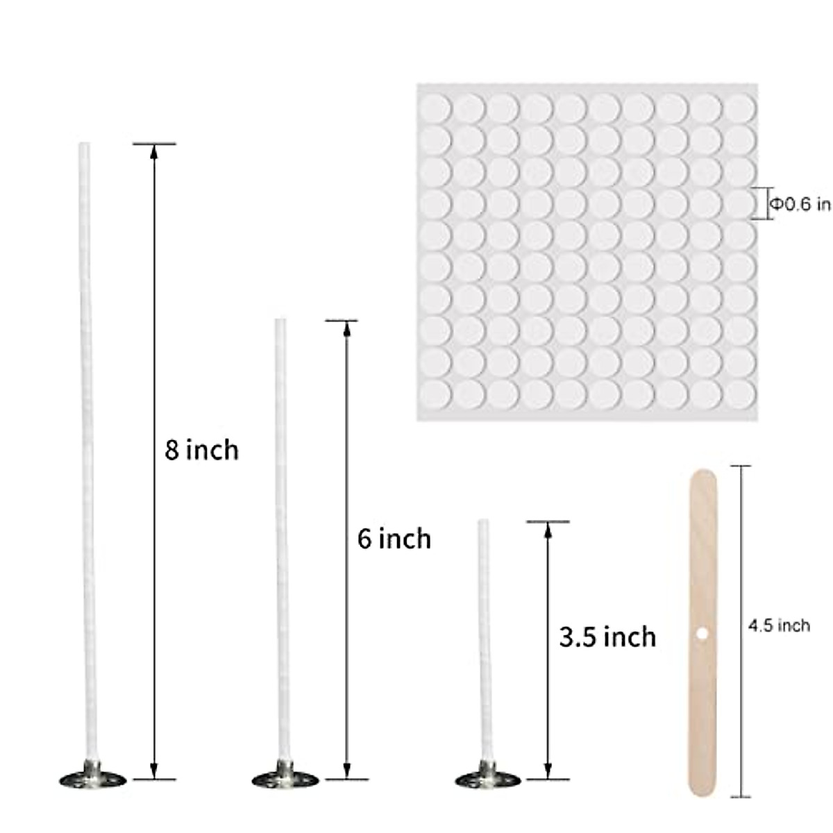 Buluker300Pcs Functional Smokeless Candle Wicks,100pcs Wicks Sticker, Pre-Waxed Cotton Core Wicks with Metal Sustainer Tabs for Pillar Candle Making and Candle DIY, 9cm/3.5in,15cm/6in,20cm/8in