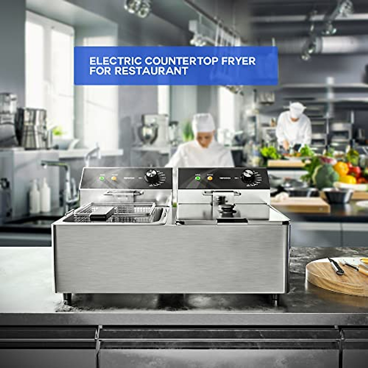 TOPKITCH Commercial Deep Fryer Stainless Steel Dual Tank Electric Deep Fryer with 2 Baskets Capacity 2 X 10L Electric Countertop Fryer for Restaurant and Home Use, 120V 3600W