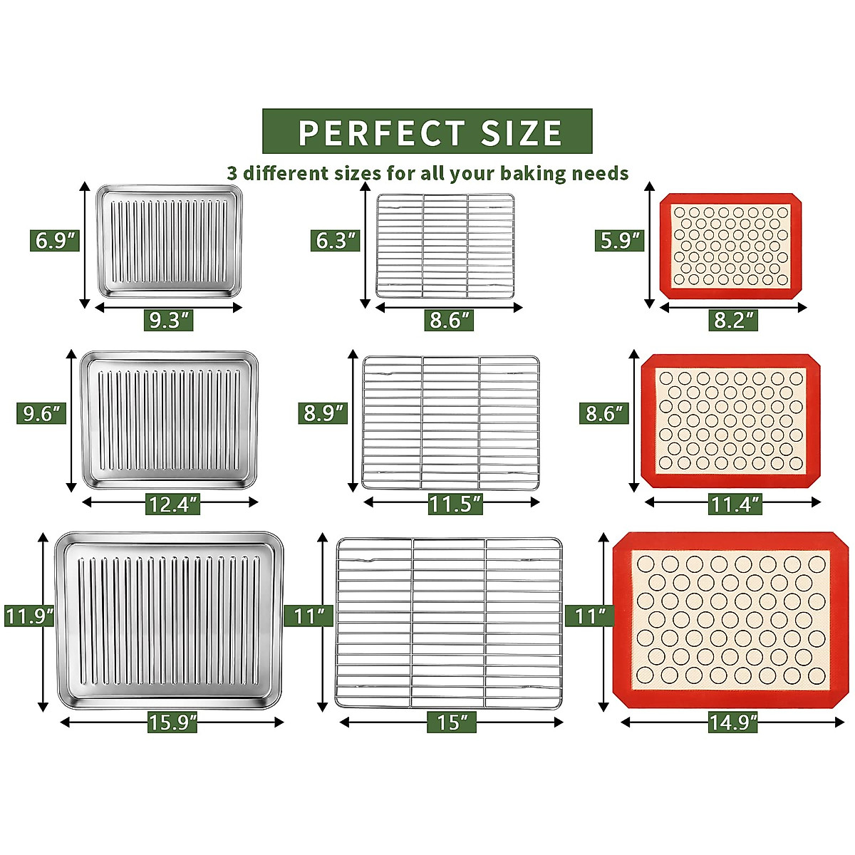 CEKEE Baking Sheet with Rack Set of 9 (3 Cookie Sheets + 3 Baking Racks + 3 Mats), Stainless Steel Baking Sheet Cooling Rack with Baking Mat Set, Baking Pans Set - Heavy Duty & Dishwasher Safe
