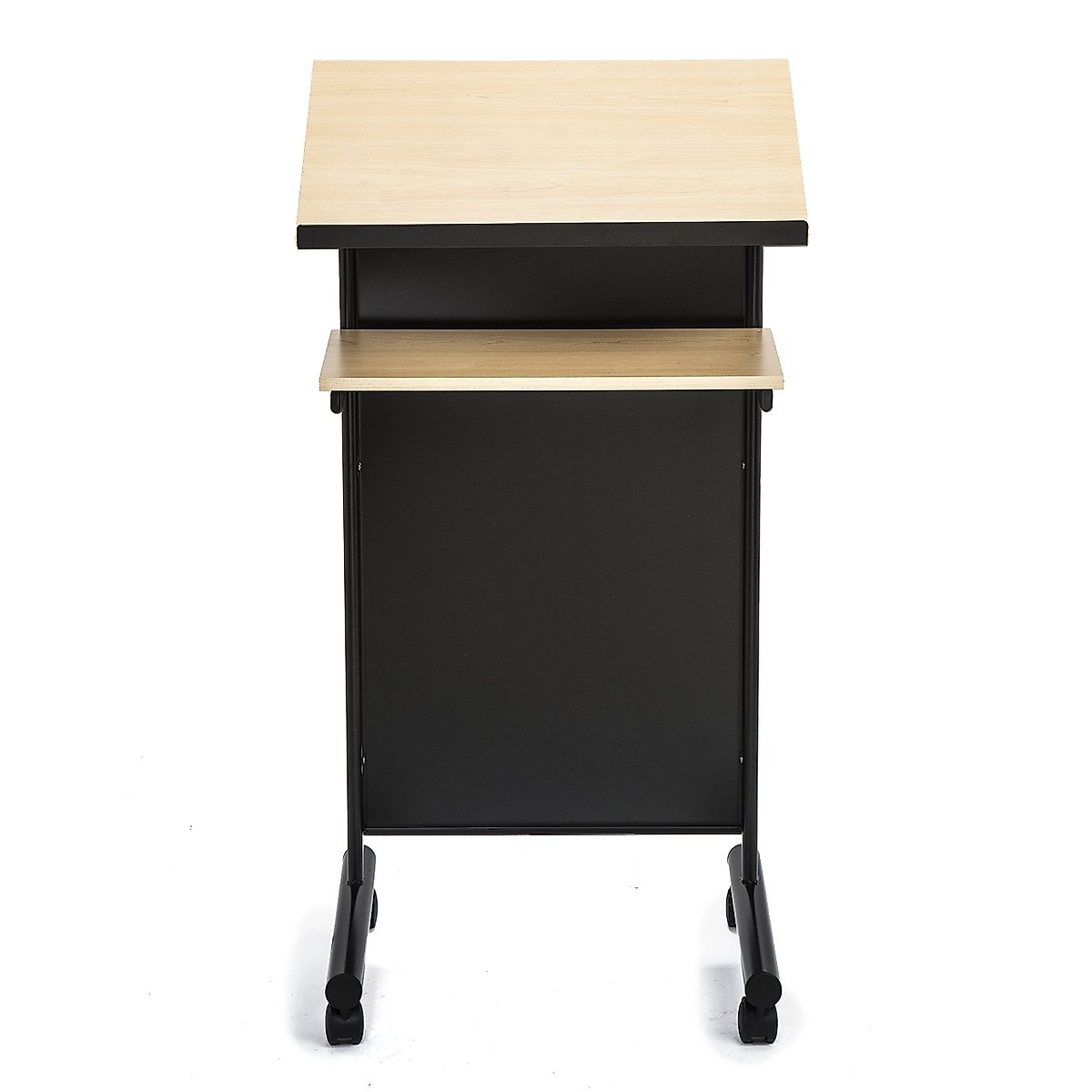Audio-Visual Direct Wheeled Lectern - Standing Desk with Storage Shelf - Beech/Black - Ideal for Presentations and Laptop Use
