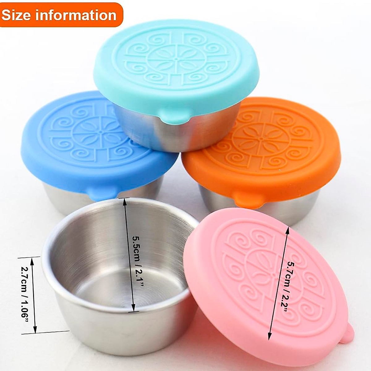 HENGKE 4 Pcs Stainless Steel Dressing Container with Silicone 1.35oz Lids Salad Dressing Container Reusable Condiment Containers with Leakproof Rainbow Color Lids Easy Open Small Sauce Cups