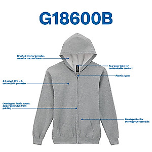 Gildan Youth Full Zip Hoodie Sweatshirt, Style G18600B, Sport Grey, Medium
