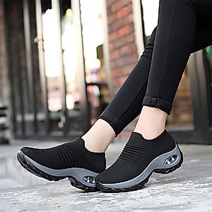 LEADER SHOW Women's Slip-On Walking Shoes Comfortable Loafers Casual Non-Slip Nursing Shoes Fashion Platform Sneakers (7, Black)