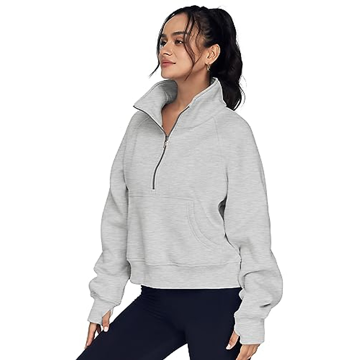 AUTOMET Womens Cropped Sweatshirts Quarter Zip Pullover Half Zipper Oversized Hoodies 2023 Fall Fashion Outfits Clothes Thumb Hole Grey