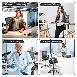 LONGBOSS Drafting Chair Mesh Computer Tall Office Chair, Standing Desk Stool with Lumbar Support Pillow, Height Adjustable Armrest and Adjustable Foot Ring (Black)