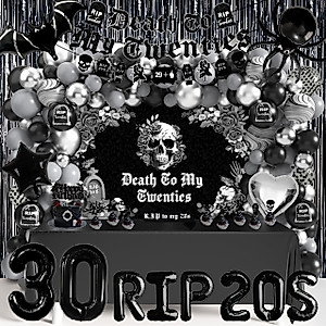 WHYMEO 30th Birthday Party Decorations Pack 97Pcs,Death to My 20s Supplies Including Banner Garland Backdrop Tablecloth Rip Sash Cake Toppers Balloon Set for Funeral Youth Funny Thirtieth Party,Black