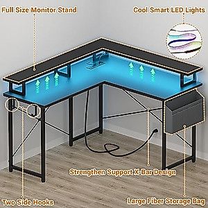 armocity L Shaped Computer Desk with Power Outlets, 40 Inch Gaming Desk L Shaped with LED Lights, Corner Desk with Storage Shelves, Work Study Desk for Bedroom, Home Office Small Spaces, Black
