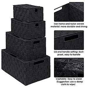 LEAVINSKY Nylon Woven Box, Woven Storage Baskets Box Bin Container, Nylon Storage Basket Box with Lid, Stackable Storage Basket Woven Strap Organizer Built-in Carry Handles (Black)