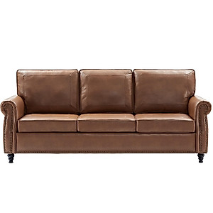 Dreamsir 79 Traditional Faux Leather Sofa Couch with Nailhead Trim, Classic 3-Seater Sofa with Rolled Arm for Living Room, Bedroom, Apartment, Easy Assembly (Brown) 5023