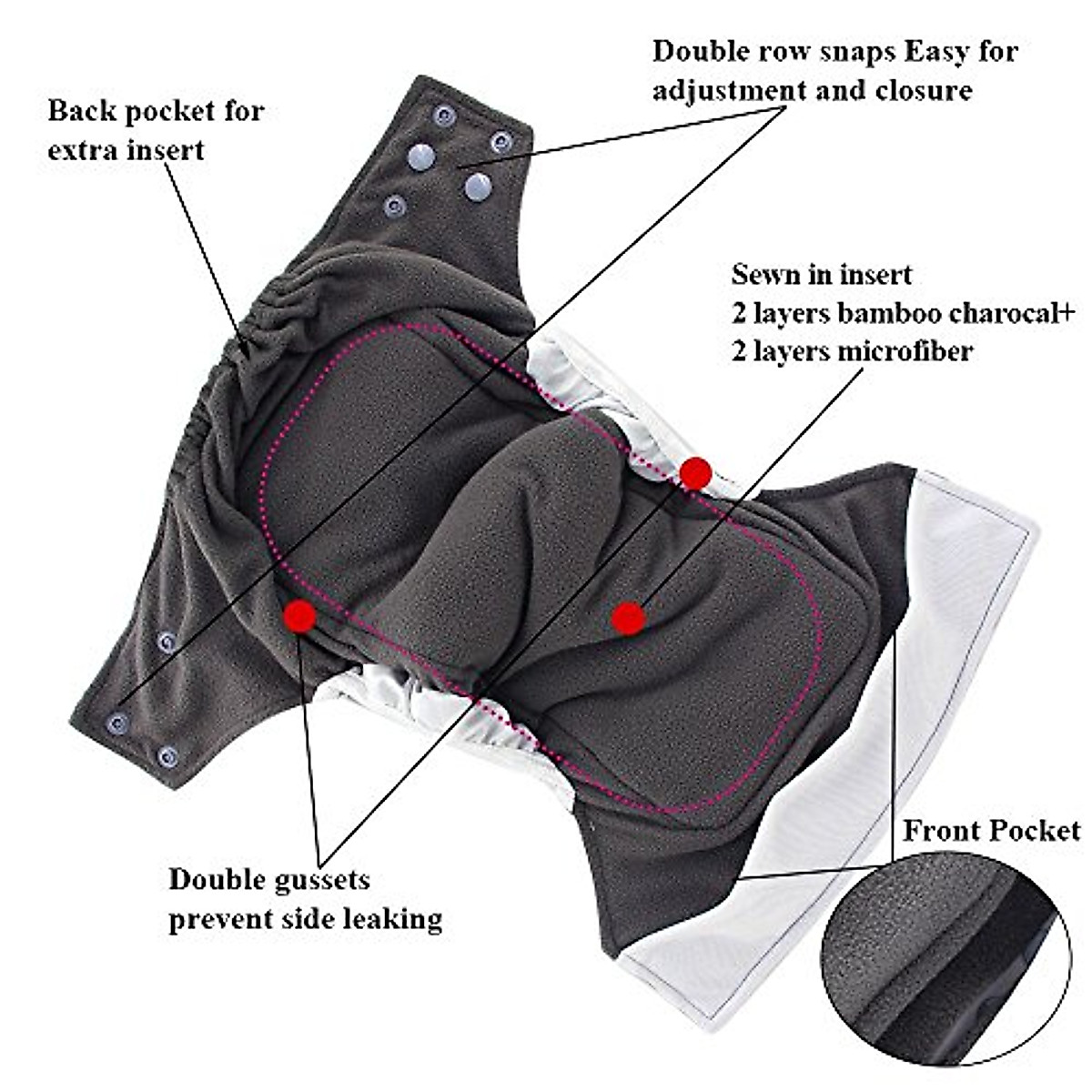 Baby Nappy Bamboo Charcoal Cloth AIO Diaper, Sewn in Insert Double Gussets