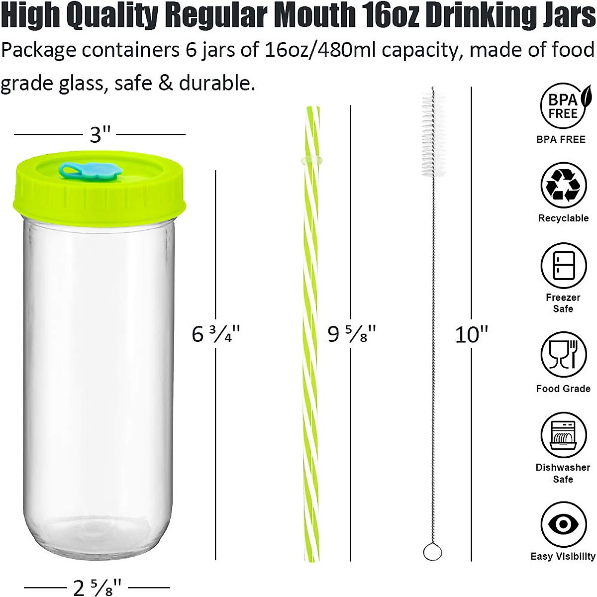 Glass Drinking Bottle Travel Drinking Jars 6 Pack, 16oz Mason Jars Regular Mouth Beverage Bottle with Airtight Lids &Straws, Reusable Water Bottle Skinny Tumbler for Juice/Smoothies,/Kombucha/Tea/Milk