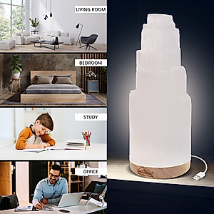 Elvissmart Natural Selenite Lamp, Hand Curved Crystal Lamp with (ETL Certified) USB Charging Cable with Wooden Base | 2-4 LBS