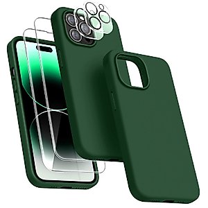 Dssairo [5 in 1 for iPhone 14 Pro Max Case 6.7, with 2 Pack Screen Protector + 2 Pack Camera Lens Protector, Liquid Silicone Slim Shockproof Protective Phone Case [Microfiber Lining] (Alpine Green)