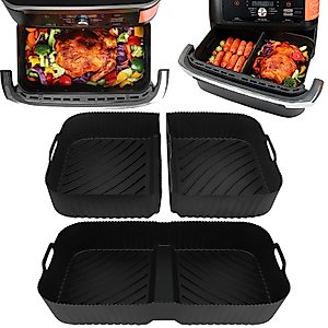 BYKITCHEN Air Fryer Silicone Liners for Ninja Foodi 11 Quart/Topzee 11-QT Large XL MegaZone FlexBasket Air Fryer, 2pcs Air Fryer Dual Liners & 1pcs Large Airfryer Liners for 11-qt Megazone