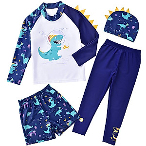 WAWSAM Toddler Dinosaur Swimsuit Kids Bathing Suit Dinosaur Boys Rash Guard with Hat Quick Dry Long Sleeve Swimwear Infant Swim Truck Rashguard Set for Swimming Beach Pool Vacation
