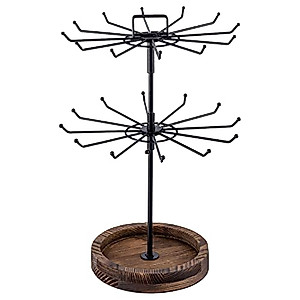 MyGift 2 Tier Black Metal Rotating Necklace and Bracelet Organizer Jewelry Stand with 24 Hooks and Burnt Wood Ring Tray, Accessory and Keychain Spinning Display Rack with Top Handle Card Holder