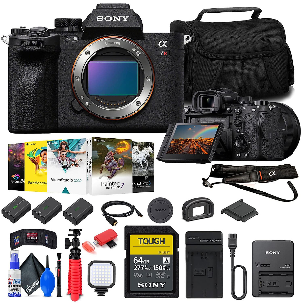 Sony a7R V Mirrorless Camera (ILCE7RM5/B) + 64GB Memory Card + Corel Photo Software + Bag + 2 x NP-FZ100 Compatible Battery + External Charger + Card Reader + LED Light + HDMI Cable + More (Renewed)